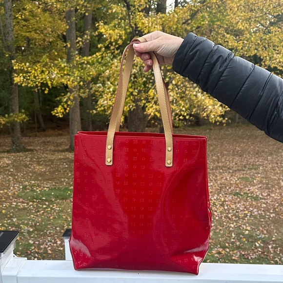 Arcadia | Bags | Arcadia Patent Leather Large Tote Bag Red Italian Logo ...